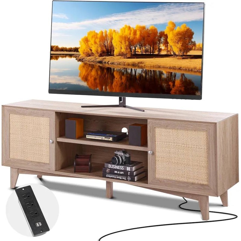 Table Télé Chêne Moderne avec Prises USB Intégrées